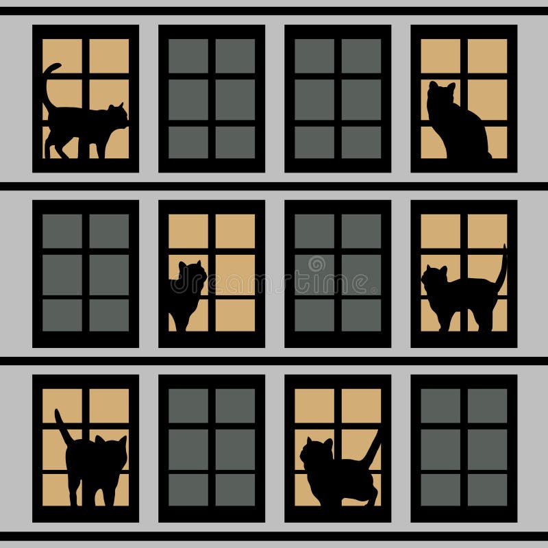Silhouettes of Cats in Windows Stock Vector - Illustration of town ...
