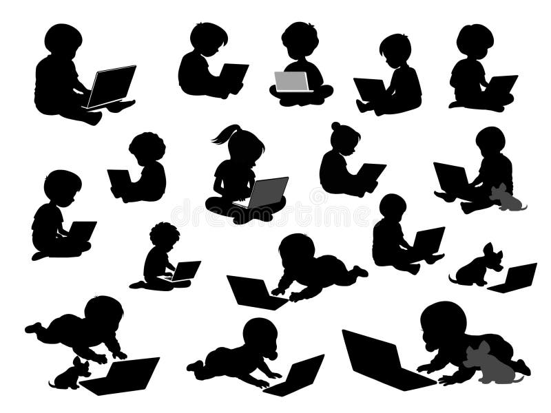 Set of Silhouettes of Children with a Computer. Stock Photo ...