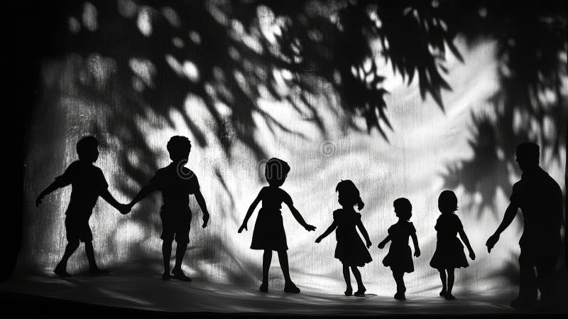 Silhouettes of Children Playing in Leafy Shadows Stock Illustration ...
