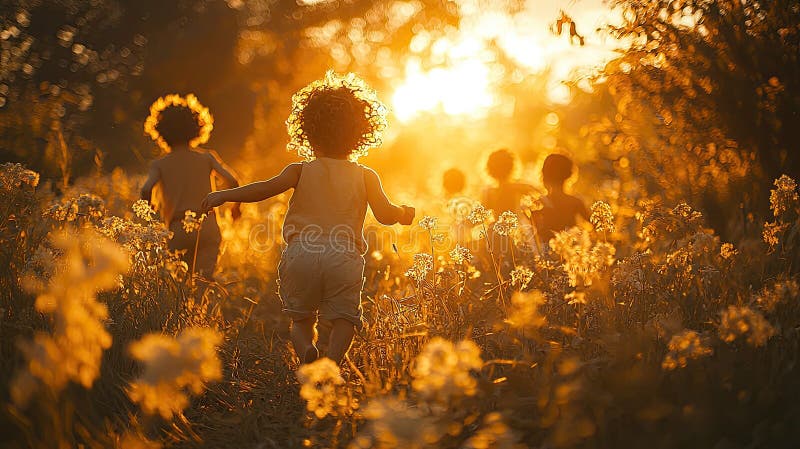 Silhouettes of Children Running through a Field at Sunset Stock Image ...