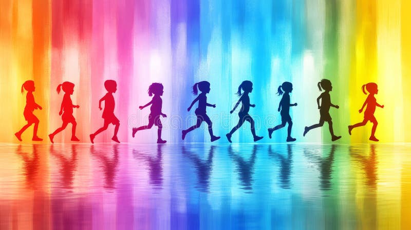 Silhouettes of Children Running on a Rainbow Background, Representing ...