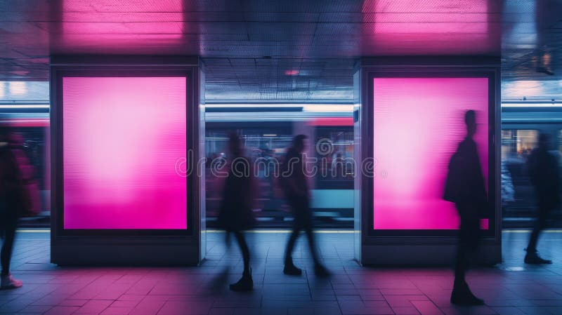 Silhouettes of Commuters Passing in Pink Neon Subway Station Stock ...