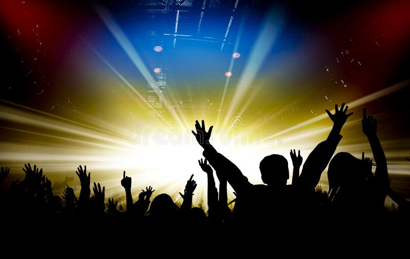 Silhouettes of Concert and Bright Stage Lights Background Stock Image ...