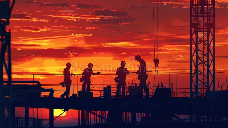 Silhouettes of Construction Workers Against a Dramatic Sunset ...