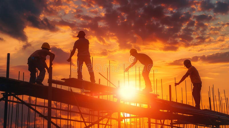 Silhouettes of Construction Workers Against a Dramatic Sunset Stock ...