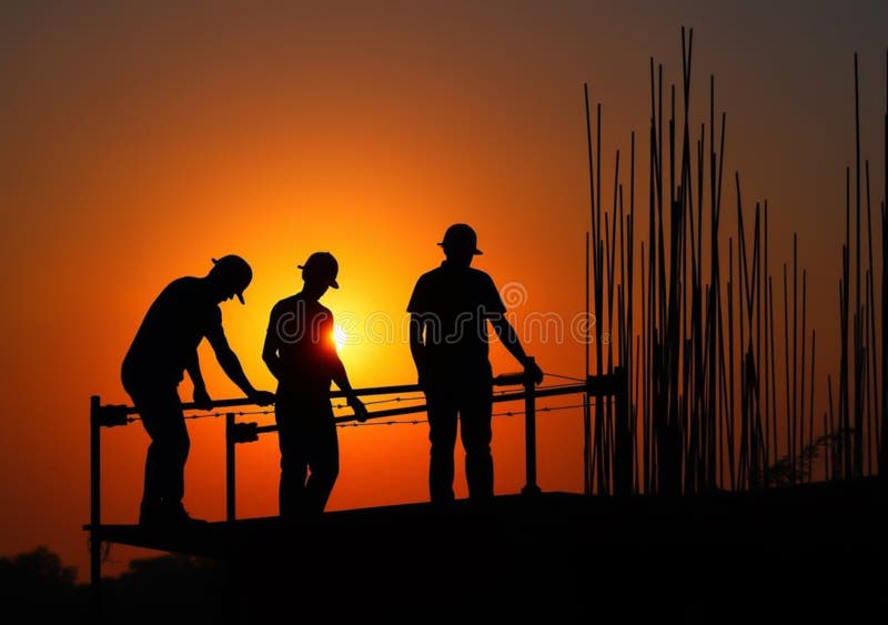 Silhouettes of Construction Workers at a Project Site at Sunset Stock ...