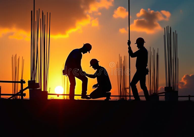 Silhouettes of Construction Workers at a Project Site at Sunset Stock ...