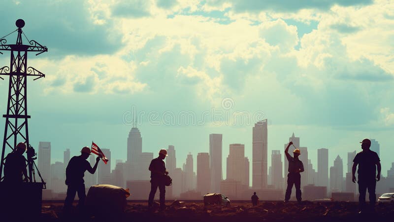 Silhouettes of Construction Workers Stand in Front of a City Skyline ...