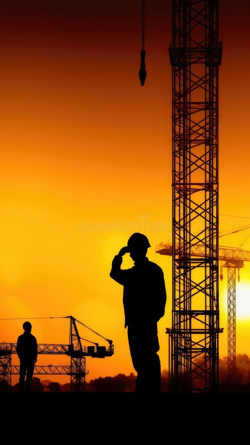 Silhouettes of Construction Workers at Sunset Stock Illustration ...