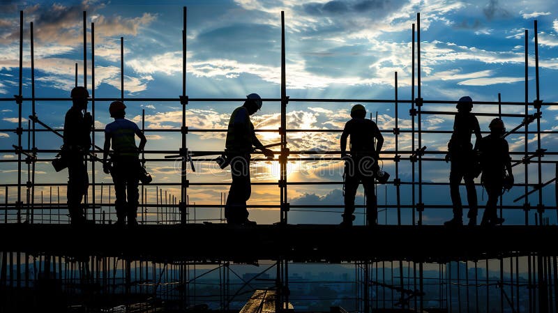 Silhouettes of Construction Workers at Sunset Stock Illustration ...