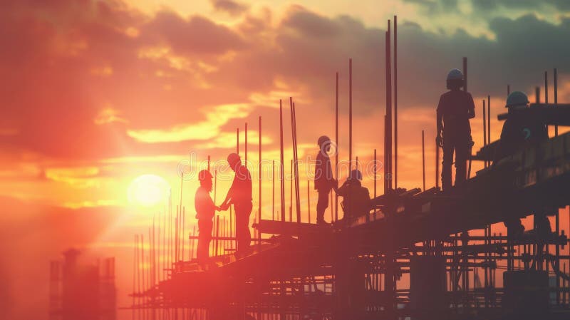 Silhouettes of Construction Workers at Sunset on Scaffolding. Teamwork ...