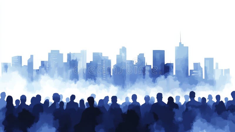 Silhouettes of a Crowd, All Heading the Same Way, Depicted in Blue on a ...