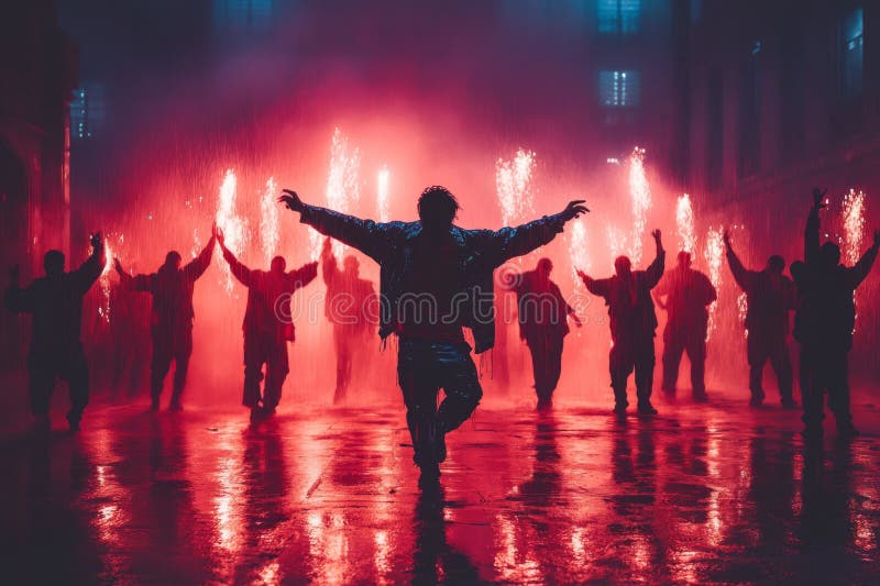Silhouettes of Dancers with Red Fireworks Stock Illustration ...