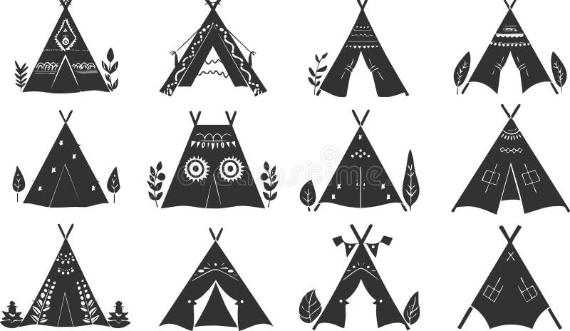 Silhouettes of Decorative Teepees in Tribal Style on a White Background ...