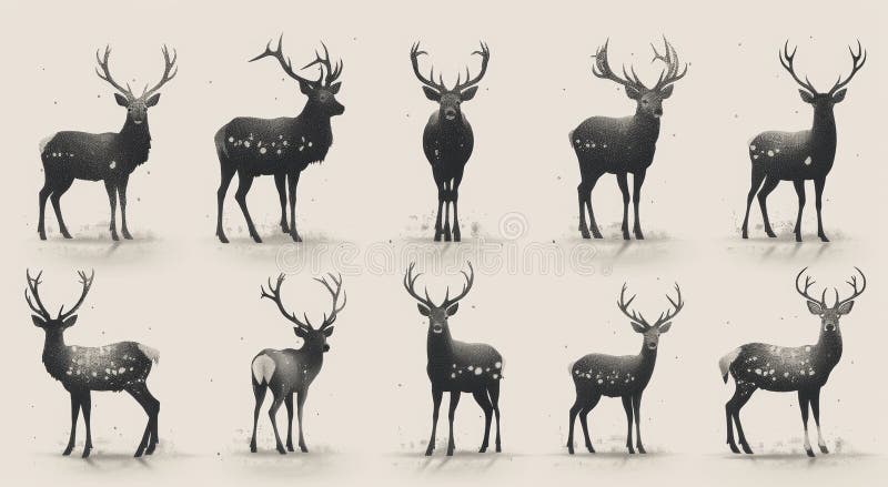 Silhouettes of Deer and Doe in Various Poses - Vector Illustration ...