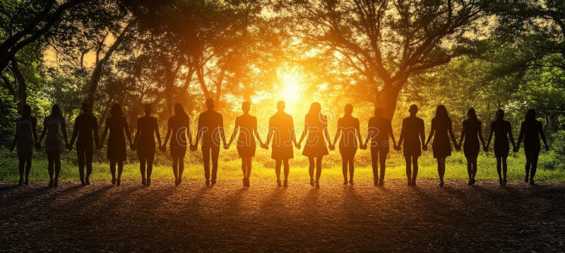 Silhouettes of a Diverse Group Holding Hands Under a Golden Sunset ...