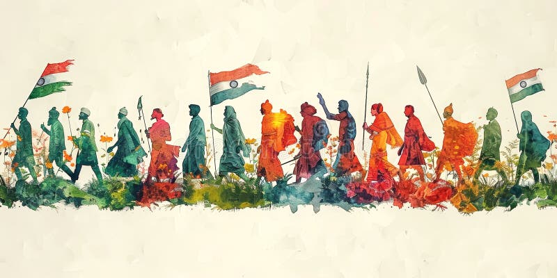 Silhouettes of Diverse Indian Historical Figures Walking in a Line ...