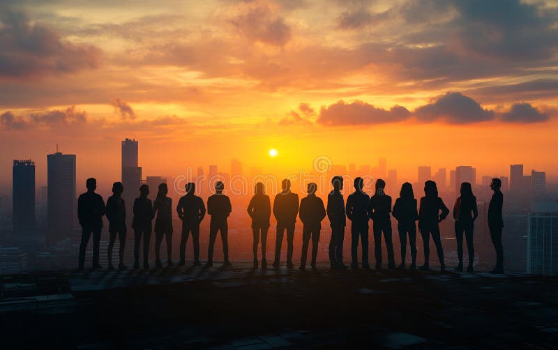 Silhouettes of Diverse Team Watching Sunrise Cityscape Stock ...