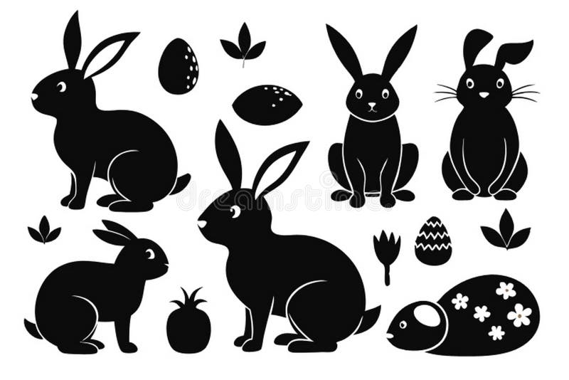Silhouettes of Easter Bunnies Isolated on a White Background. Set of ...