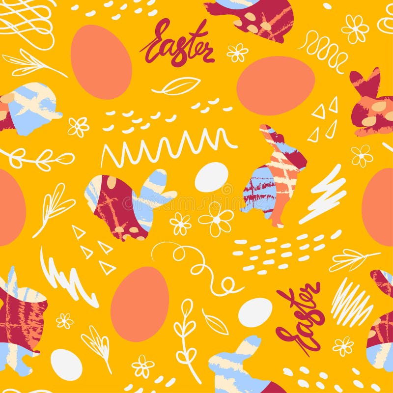 Silhouettes of Easter Bunny, Chicken Egg and Floral Scribble Elements ...