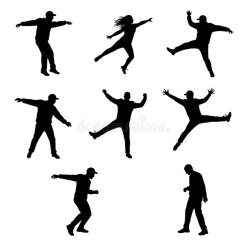 Silhouettes of Eight Dynamic Figures in Various Dance or Jumping Poses ...