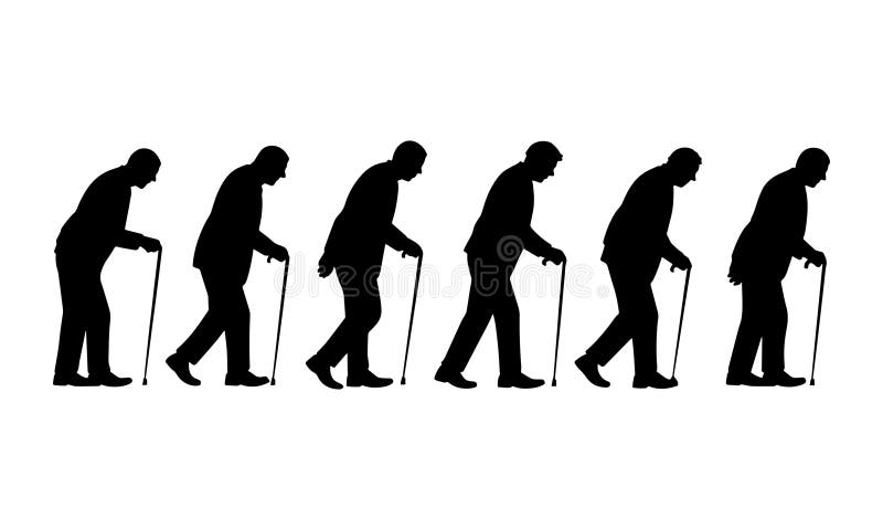 Silhouettes of Elderly Man with Cane Walking Sequence Showing Aging ...