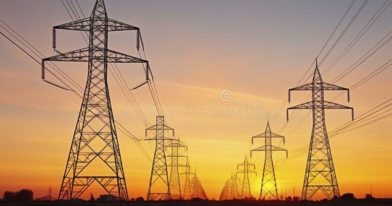 Silhouettes of the Electric Power Masts and Cables, Pylons at Sunset ...