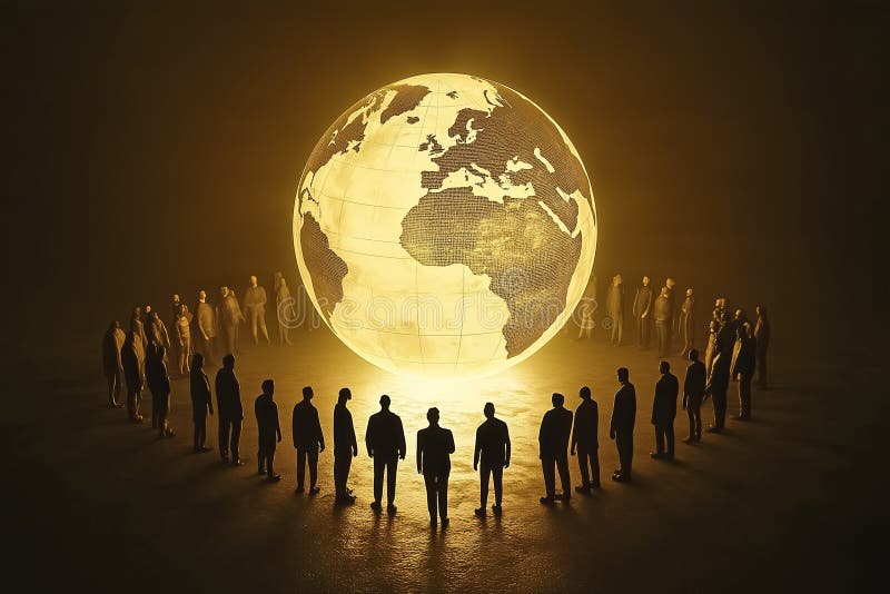 Silhouettes Encircle a Luminous Globe, Symbolizing Global Unity in an ...