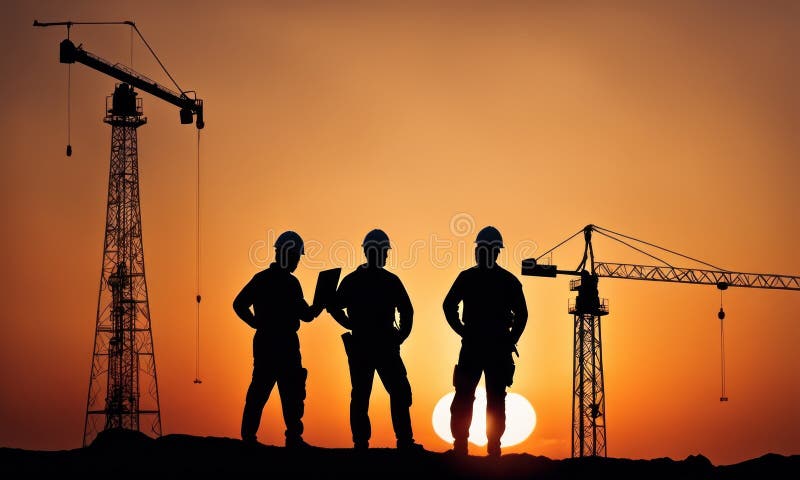 Silhouettes of Engineer and Construction Team Working at Sunrise or ...
