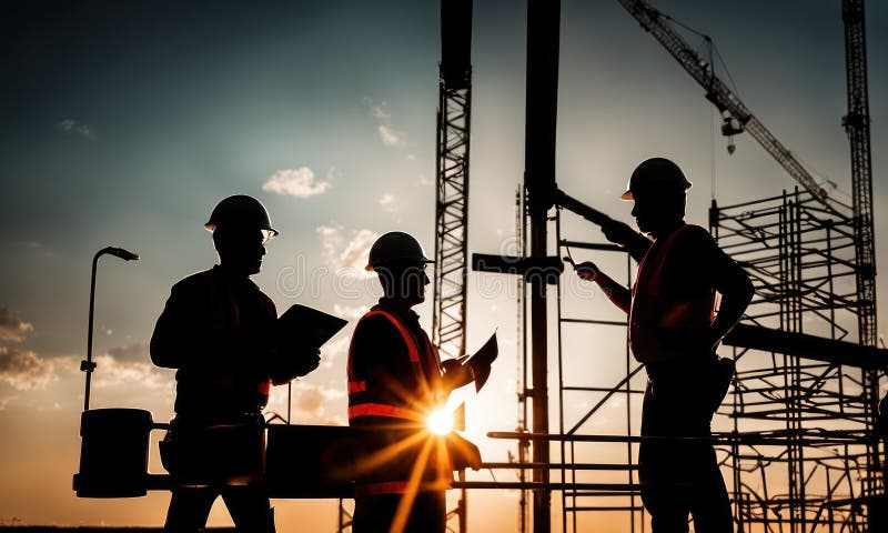 Silhouettes of Engineer and Construction Team Working at Sunrise or ...