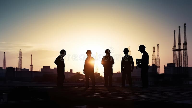 Silhouettes of Engineer and Construction Team Working at Sunrise or ...
