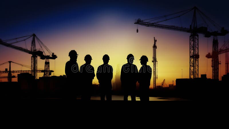 Silhouettes of Engineer and Construction Team Working at Sunrise or ...