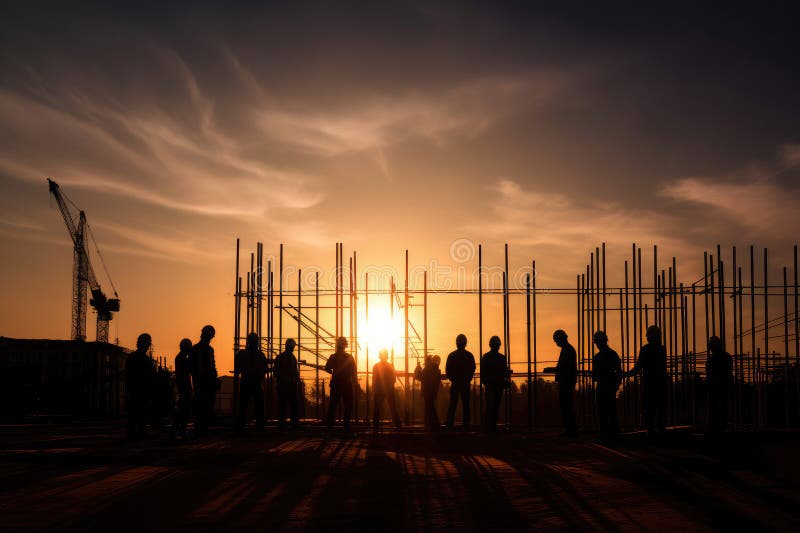 Silhouettes of Engineers at Construction Site at Sunset. Generative AI ...