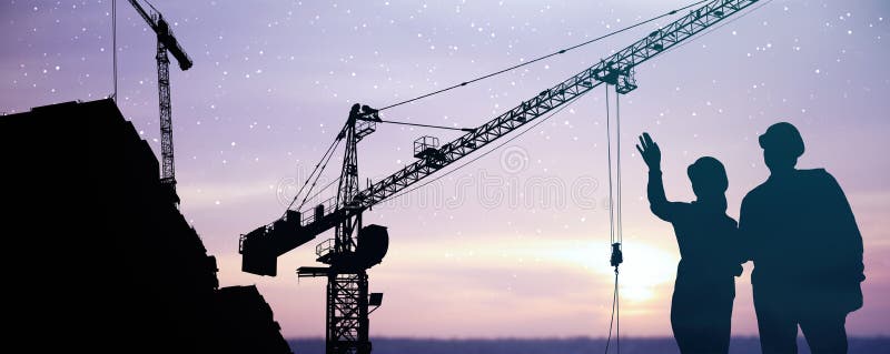 Silhouettes of Engineers Near Construction Site. Banner Design Stock ...
