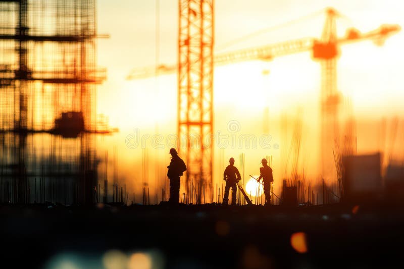 Silhouettes Engineers Workers Cranes Background Stock Photos - Free ...