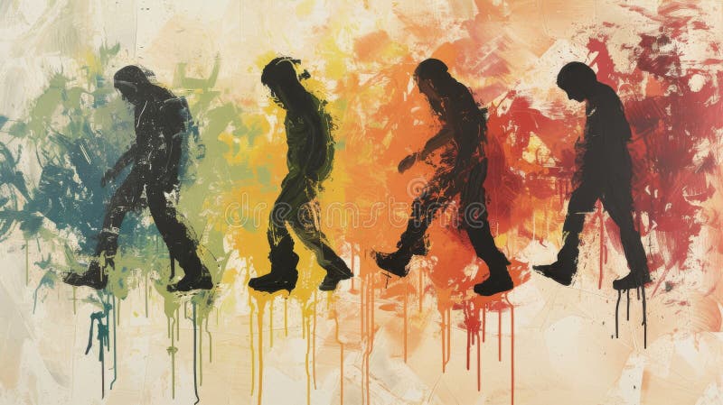 Silhouettes of Evolution in Abstract Colorful Splashes Stock Photo ...