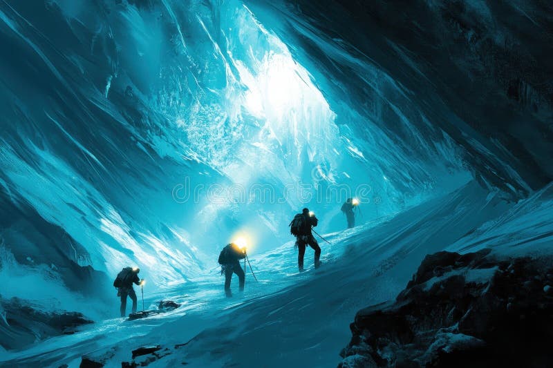 Silhouettes of Explorers Navigating a Blue Ice Cave Stock Illustration ...