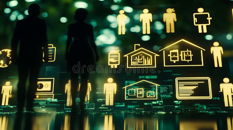Silhouettes Exploring Digital Data and Icons Stock Image - Image of ...