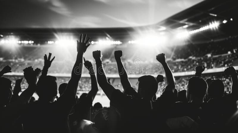 Silhouettes of Exuberant Fans with Raised Hands Cheering in a Packed ...