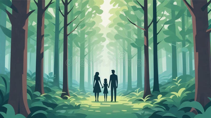 Silhouettes of a Family Walking on a Path through a Lush Green Forest ...