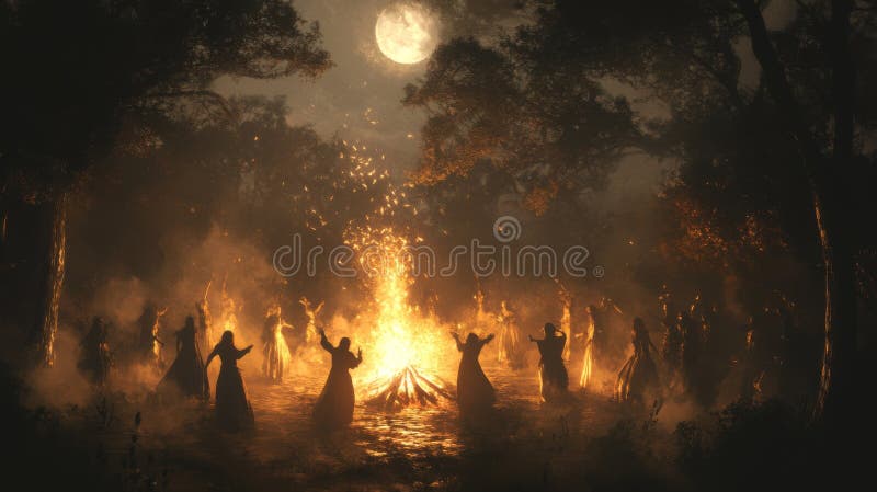 Silhouettes of Figures Dancing Around a Fire in a Foggy Forest at Night ...