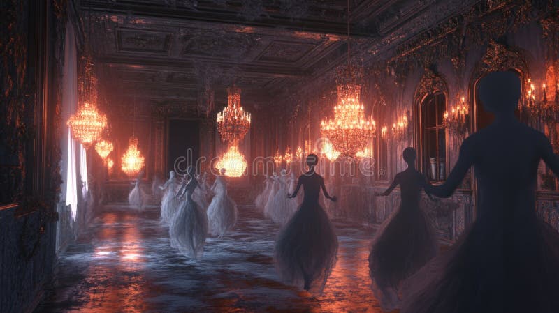 Silhouettes of Figures Dancing in a Dimly Lit, Ornate Hall with Glowing ...