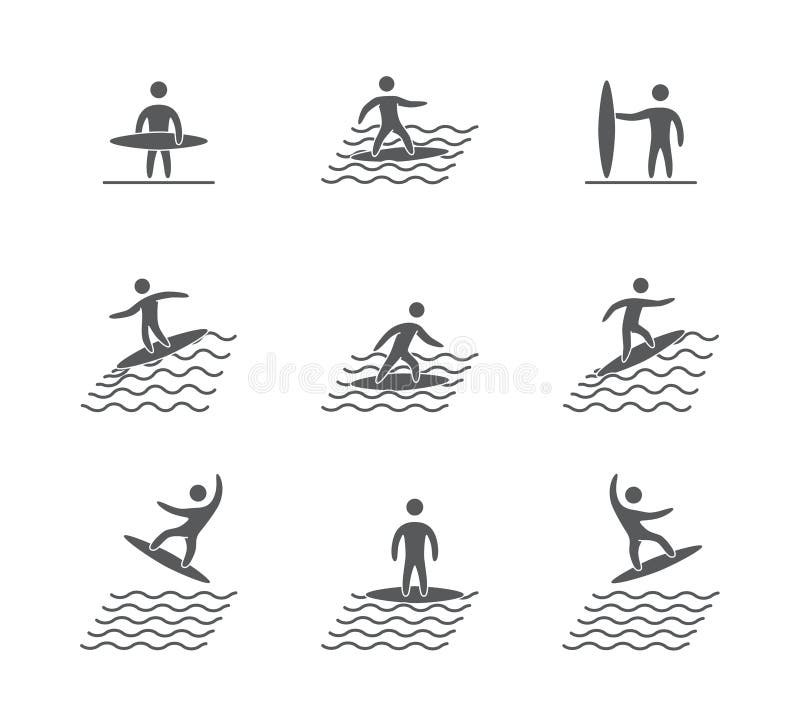 Silhouettes of Figures Surfer Icons Set Stock Vector - Illustration of ...