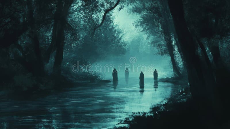 Silhouettes of Figures Walking in a Misty Forest River Stock ...