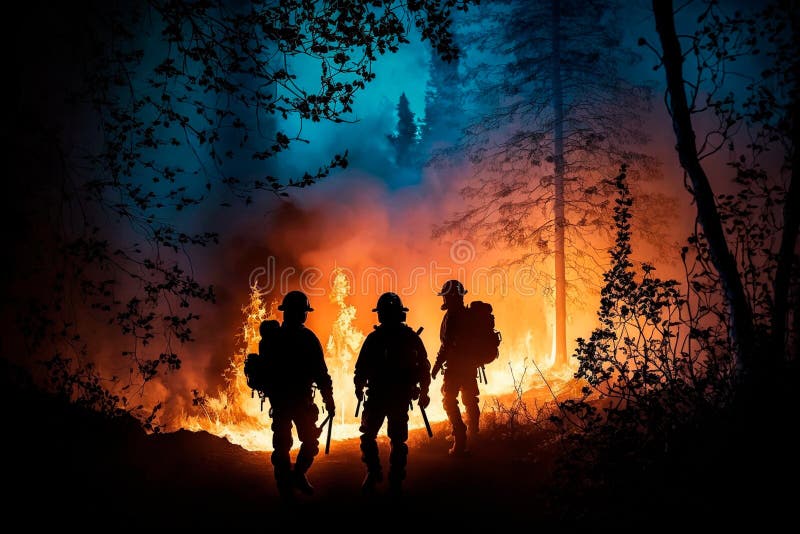 Silhouettes of Firefighters Put Out a Fire in the Forest, Generative Ai ...