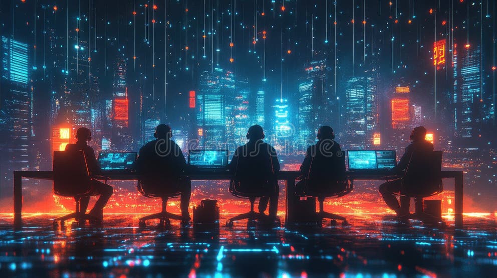 FIVE HACKER SILHOUETTES OPERATING in a HIGH-TECH FUTURISTIC CITY Stock ...