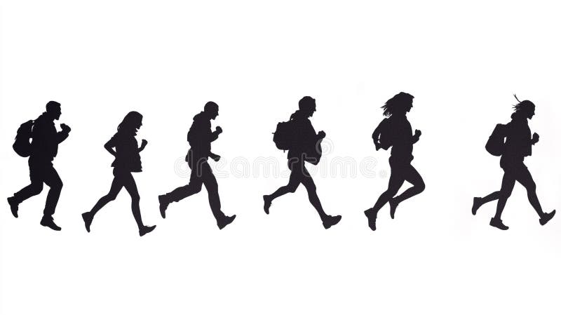 Silhouettes of Five People Running with Backpacks Stock Image - Image ...