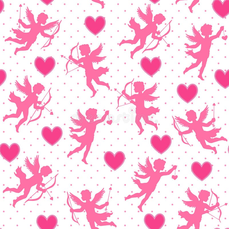 Silhouettes of Flying Cupid and Hearts, Vector Seamless Pattern Stock ...