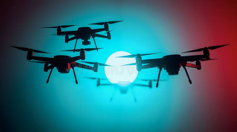 Silhouettes of Flying Drones Illuminated by Dramatic Red and Blue ...