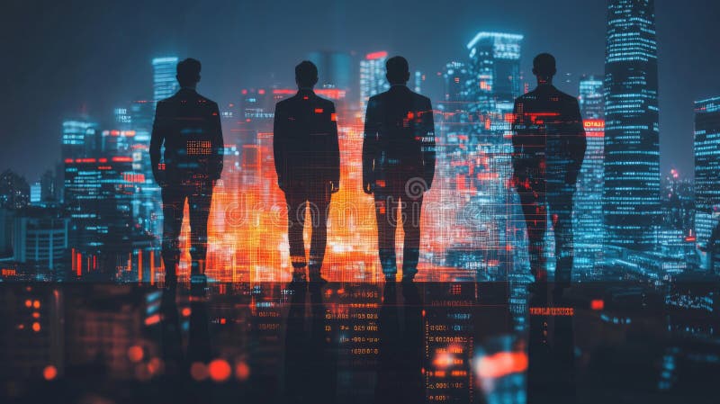Silhouettes of Four Men Standing in Front of a Cityscape with Digital ...